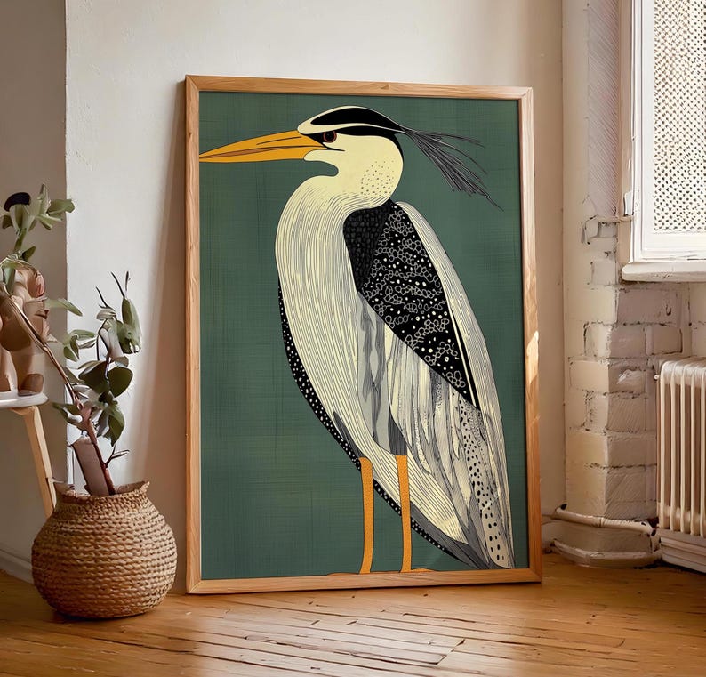 Emerald Green Retro Vintage Heron Print, Digital Download, Art Deco ...