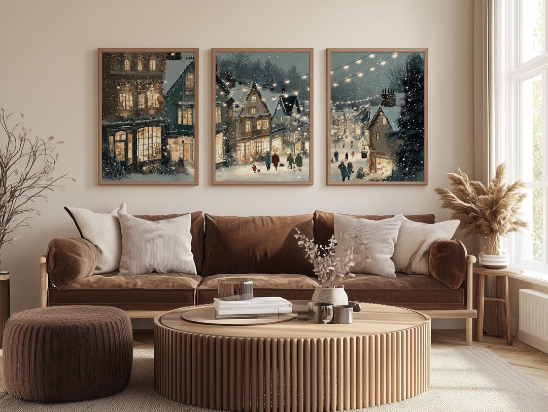 Bright Small Town Christmas Print, Fireplace Xmas Wall Art, X-mas ...