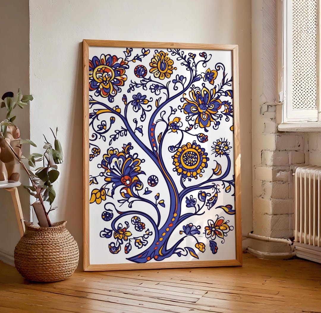 Ukrainian Folk Art Textile Inspired Art, Slate Blue Botanical Poster ...