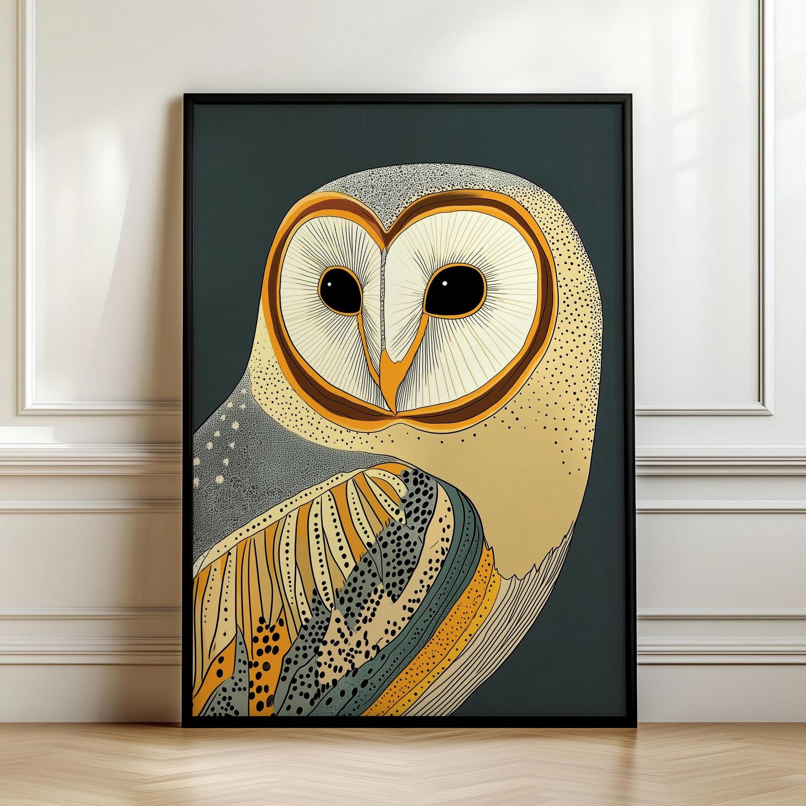 Green Gray Barn Owl Print, Retro Art Deco Wall Art, Vintage Bird Lover ...
