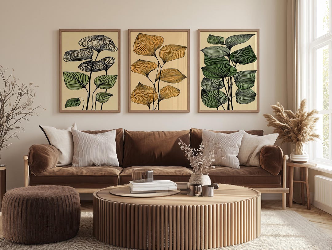 Muted Floral Art Deco Print, Three Piece Set of Flower Wall Art ...