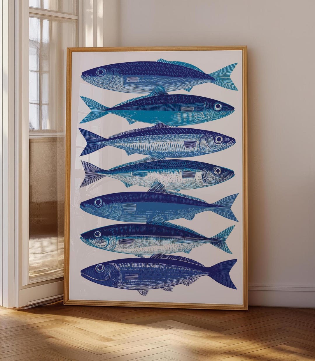 Blue Sardine Print, Linocut Sardines Wall Art, PRINTABLE Digital ...