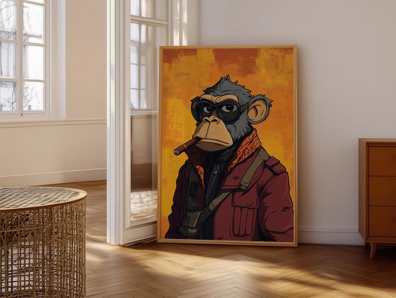 Monkey Smoking a Cigar Print, Masculine Wall Art, Printable Digital ...