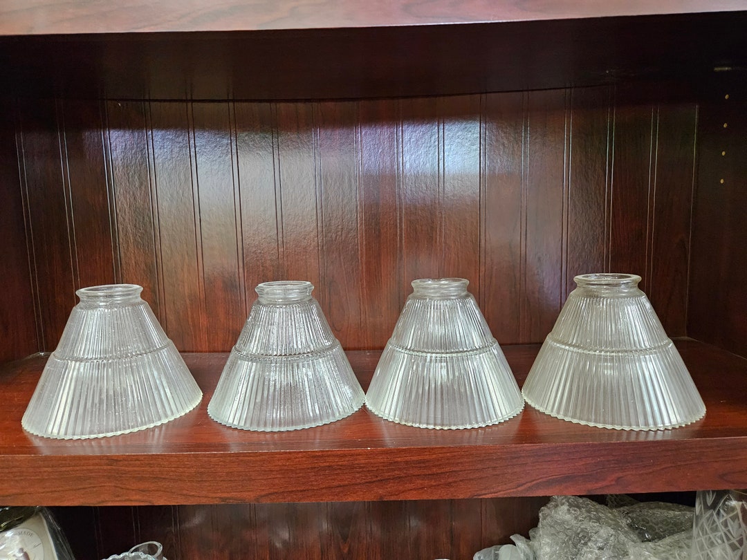 4 Vintage Ribbed Glass Shades, Replacement Glass Shades, Clear Ribbed ...