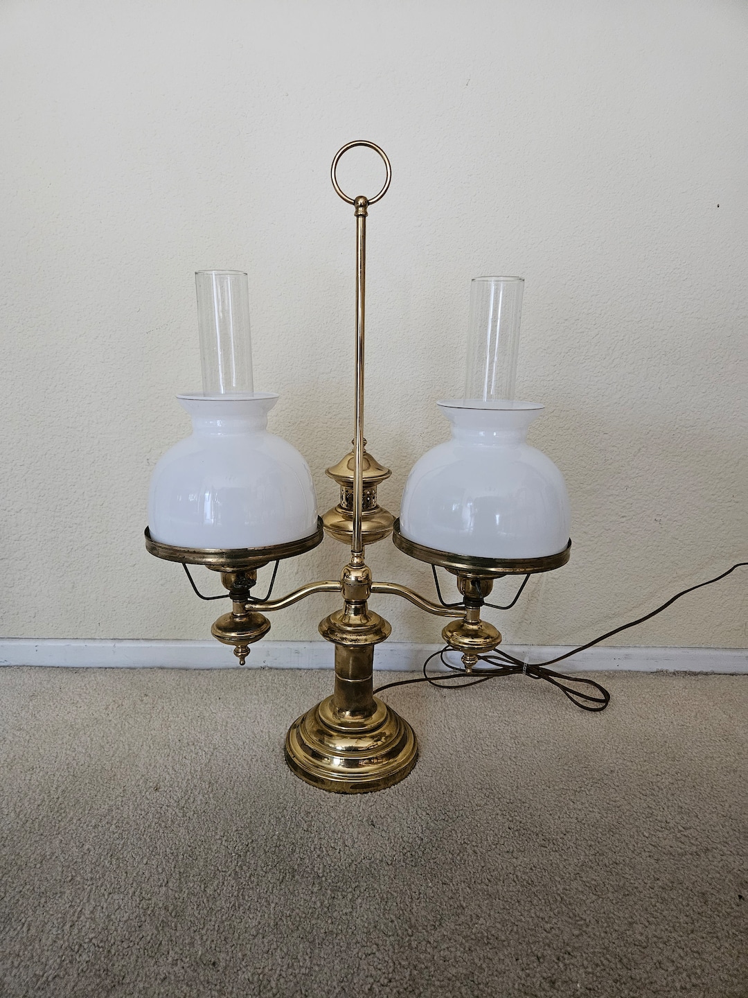 Vintage Polished Brass Hurricane Lamp, 2-arm Student Desk Lamp, Milk ...