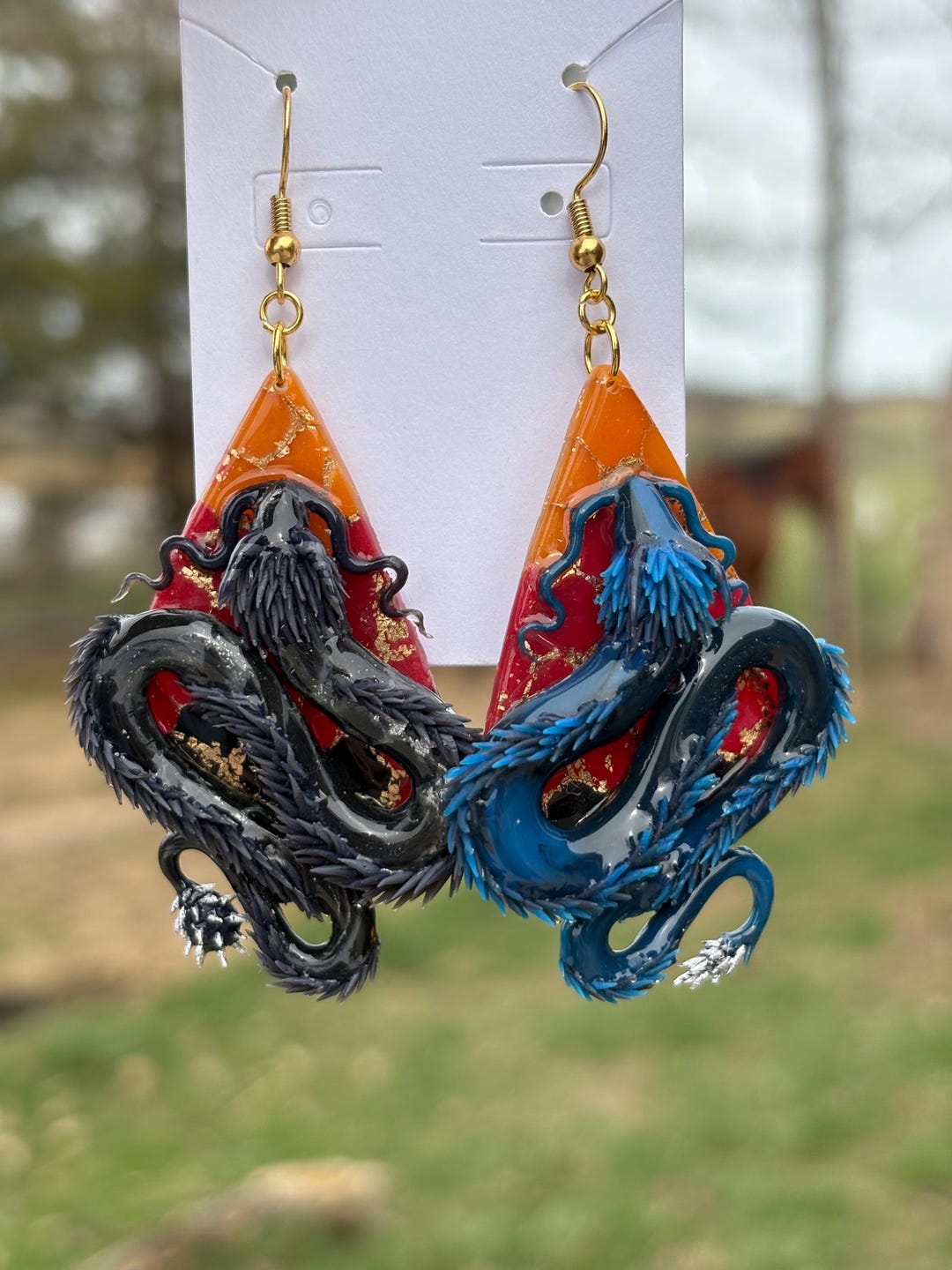 Mated Dragon Earrings – Black Morningstar & Navy Daggertail Dragons ...