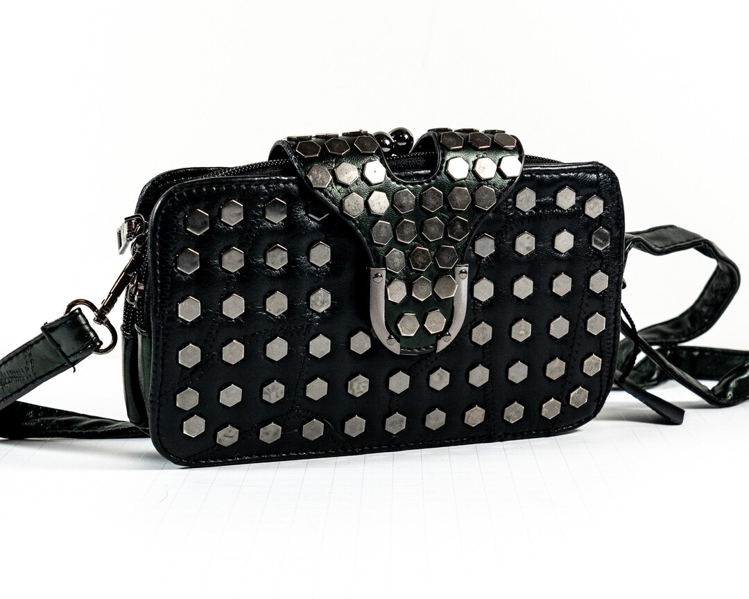 Black Leather Studded Shoulder Purse Featuring Three Pockets - Etsy