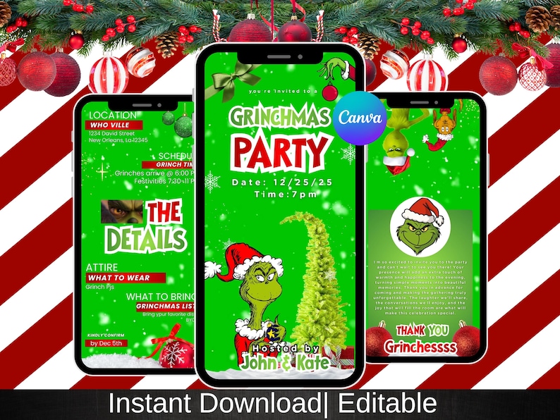 Grinch Theme Party Invitation Editable | Digital Holiday Invitation ...
