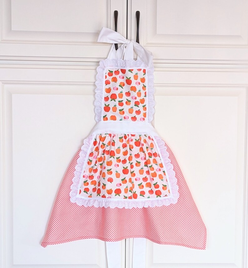 Apple Crisp Print Apron: Linen Bib, Gingham Skirt, Eyelet Lace - Etsy