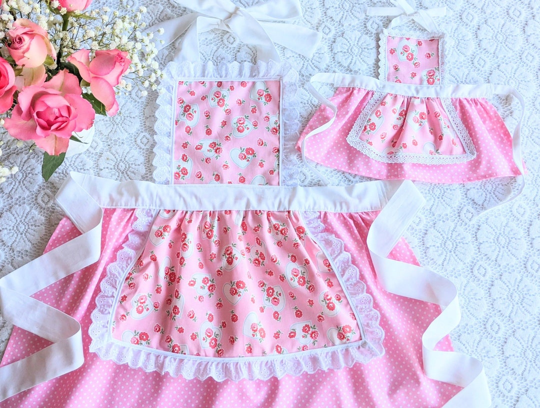 Pink Rose Apron With White Eyelet Lace: Mother & Child Matching Aprons ...