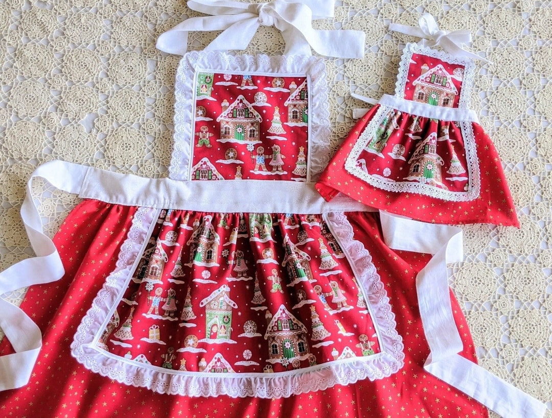Girls Red Christmas Apron, Gingerbread House Print, Cotton Lace - Etsy