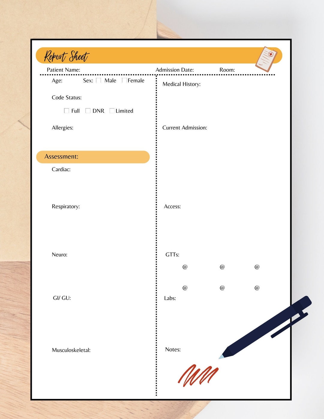 Simple Nursing Report Sheet - Etsy