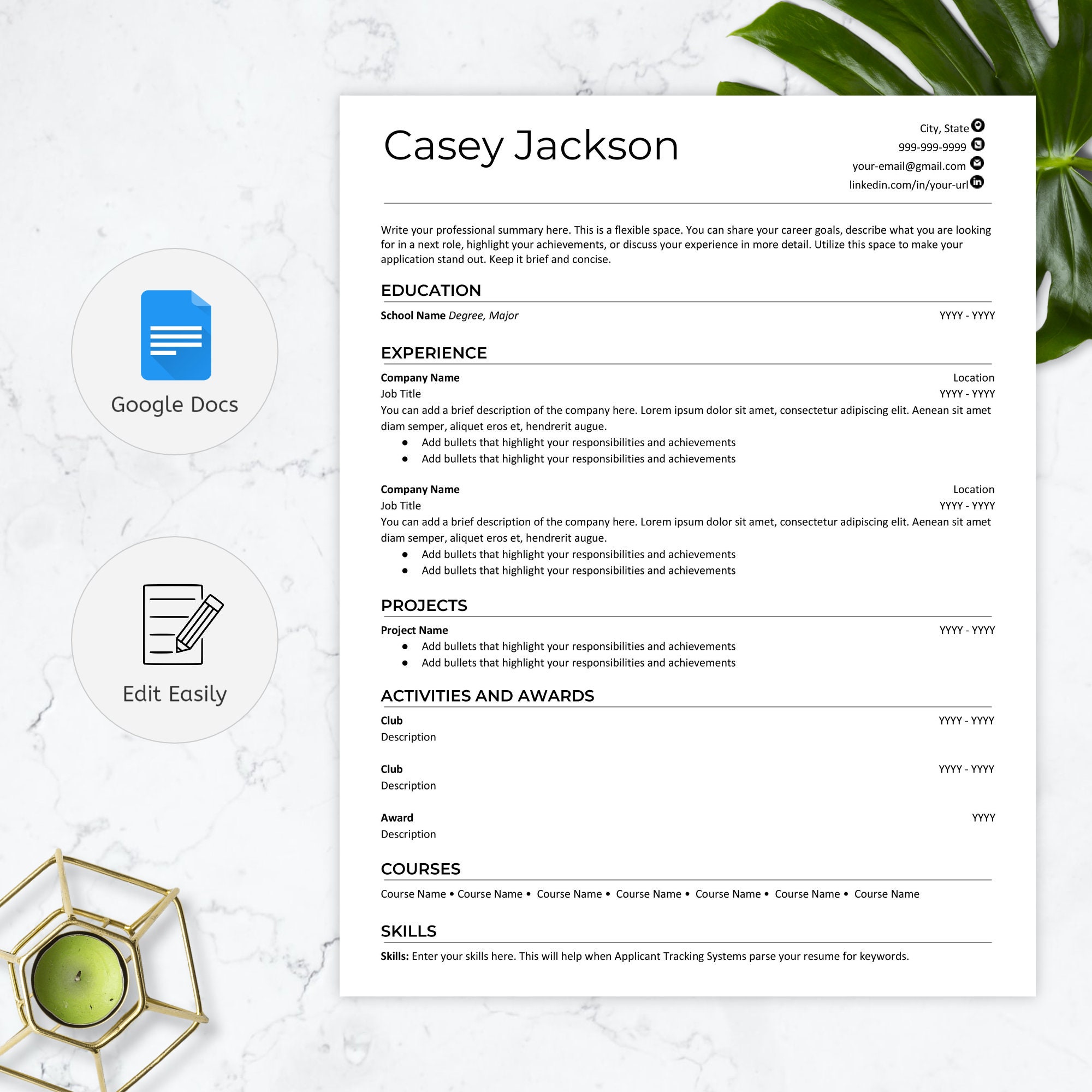 Student Resume Template Google Docs / Professional One Page Minimalist ...