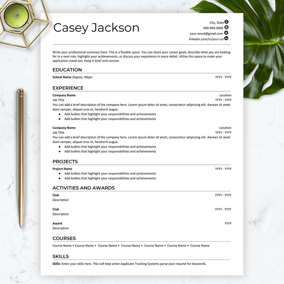 Student Resume Template Google Docs / Professional One Page Minimalist ...