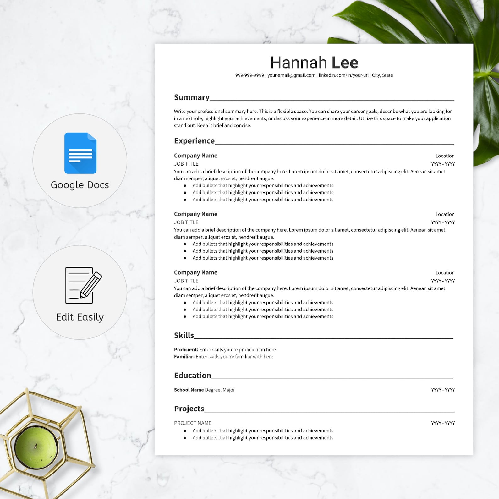 Google Docs Resume Template / Minimalist One Page Resume / Simple ...