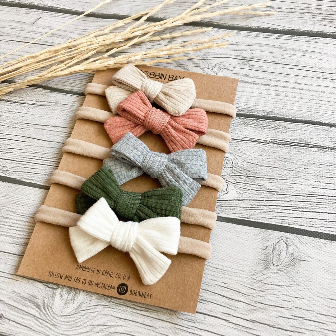 Teeny Ribbed Bow | 2.5”| Peach Olive Oatmeal White Grey | Nylon ...