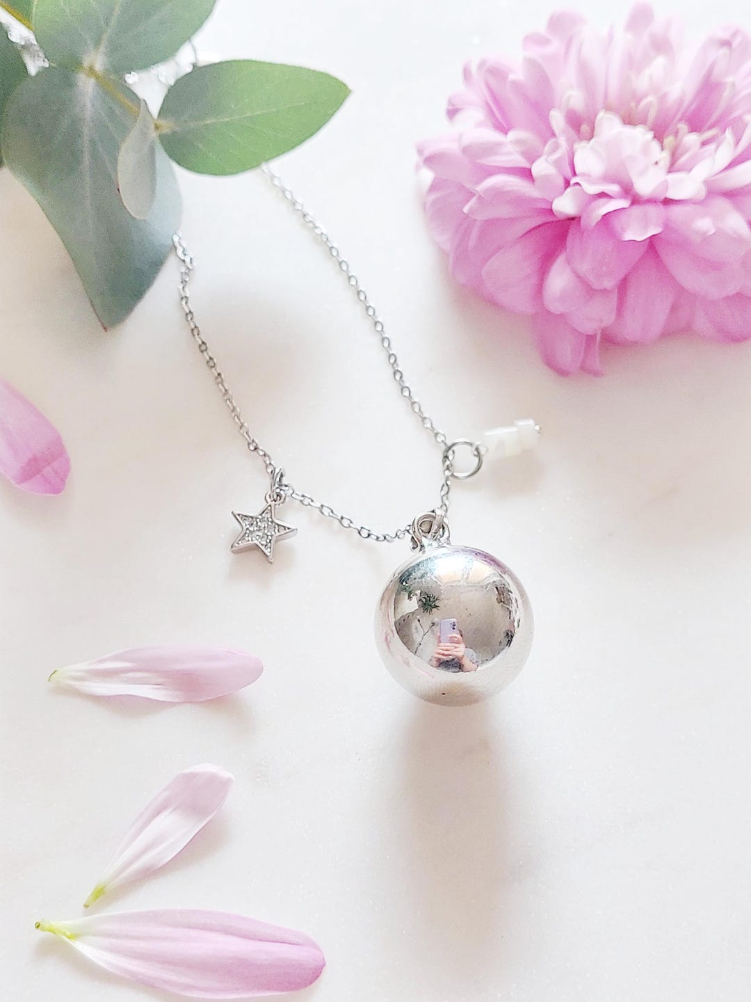 Pregnancy Chime Necklace – Mexican Bola, Pearl, Zircon Star, Stainless ...