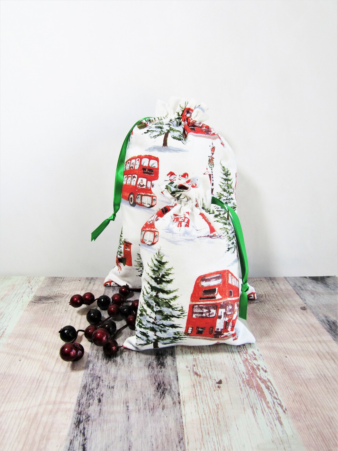 Holiday Double Decker Bus Flannel Gift Bag, Eco-friendly Cotton ...