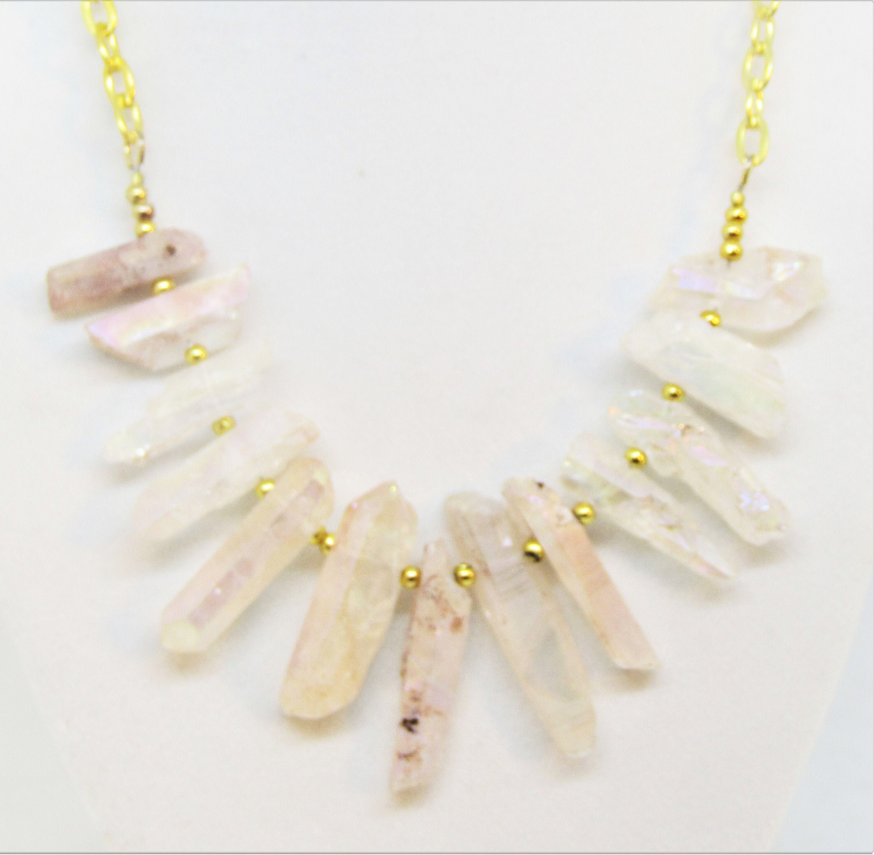 NATURAL STONE NECKLACE Rose Luster Quartz Fan Necklace | Etsy