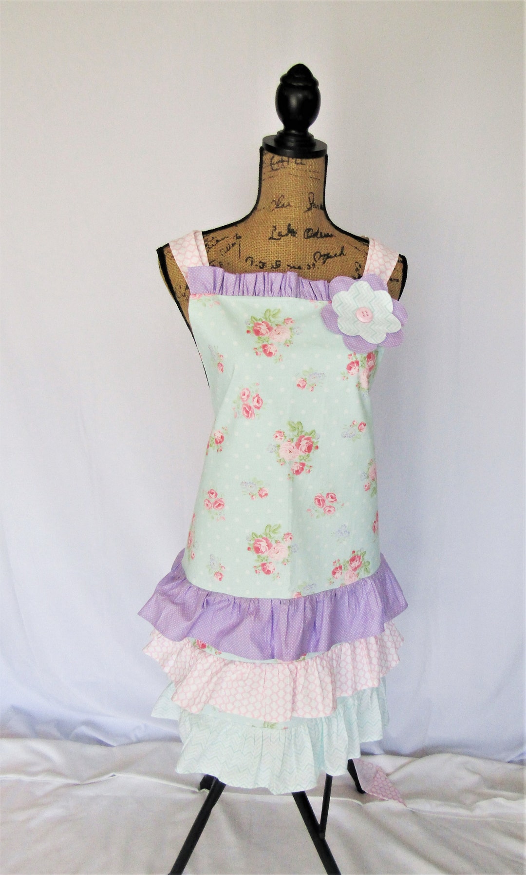 Ruffled Kitchen Apron: Shabby Chic Floral Print, Adjustable Fit - Etsy