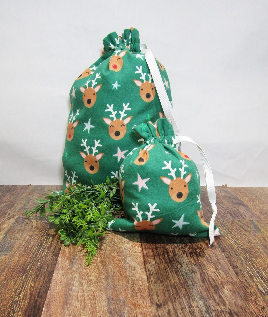 Flannel Drawstring Gift Bags, Reindeer Stars Print, Eco-friendly Fabric ...