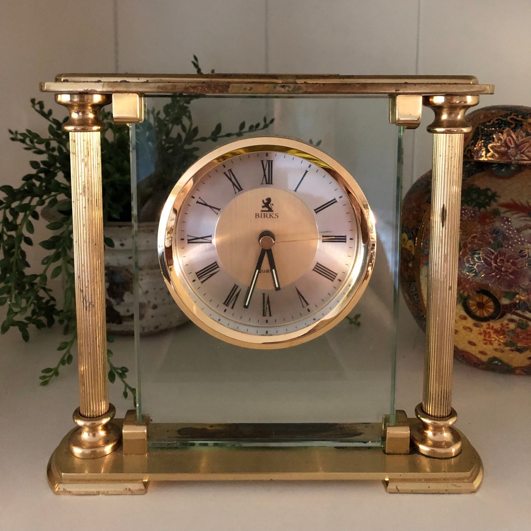 Vintage Birks Brass Desk Clock, Floating Face Pillar Mantel Clock - Etsy