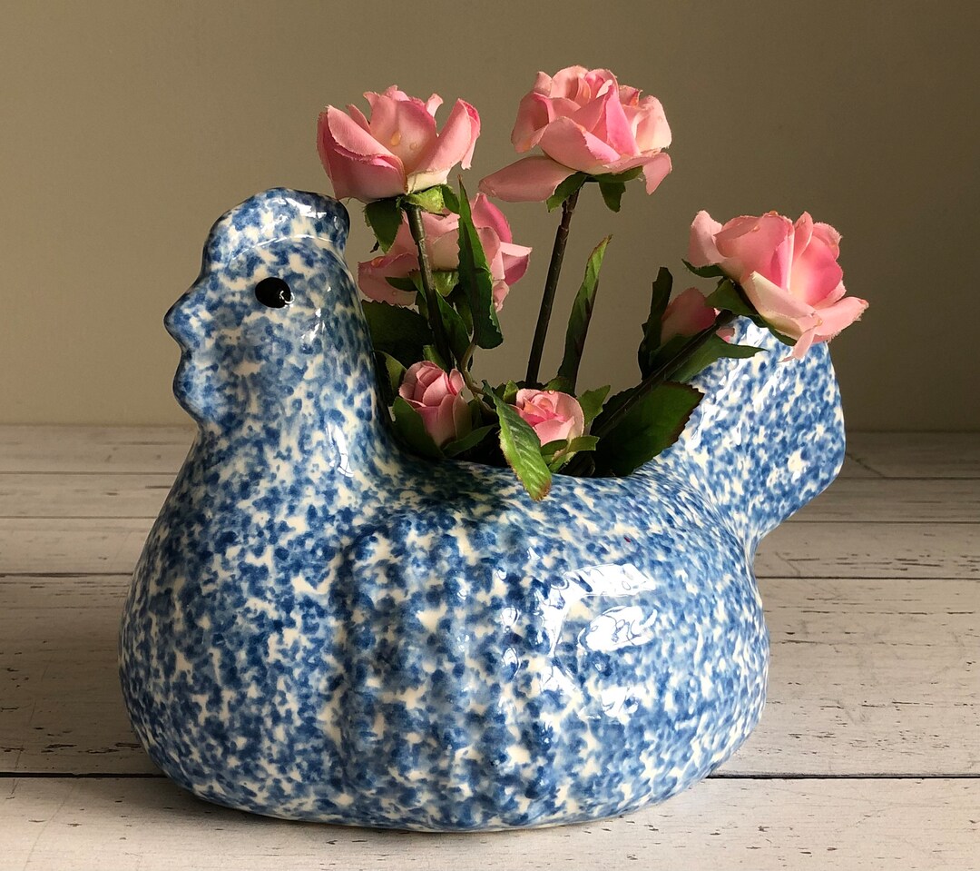 Vintage Chicken Vase Planter Blue Sponge Ware Ceramic Hen 10 Long - Etsy