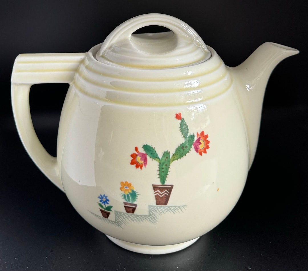 Art Deco Large Teapot | Hall USA Drip-o-lator Mexican Cactus Pattern ...