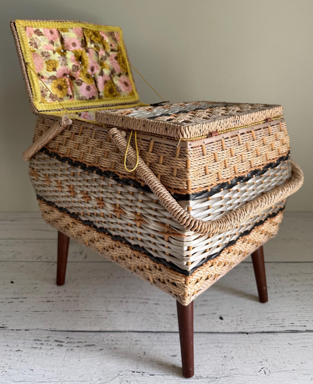 Vintage Large Sewing Basket With Tapered Wooden Legs and Double Door ...
