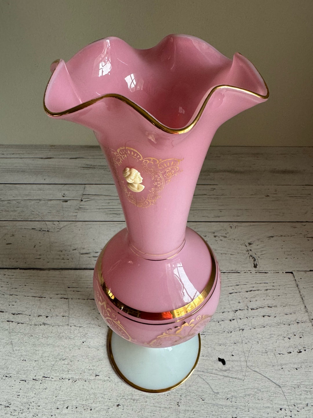 Antique Pink Ruffle Top Tall Vase Pink and White Opaline Glass With ...