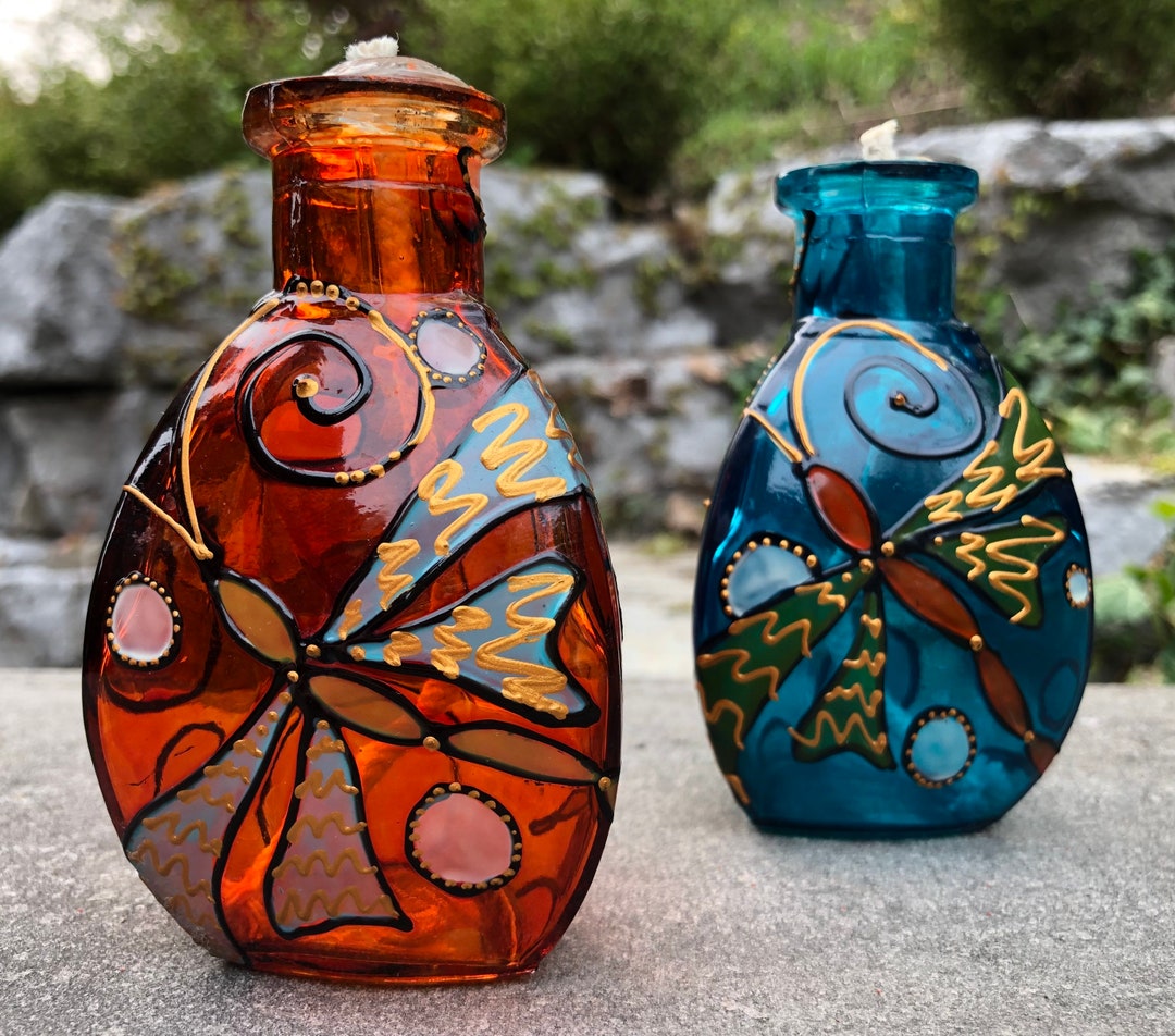 Mini Oil Lamp Burner Pair | Hand Painted Dragonfly on Coloured Glass 3 ...