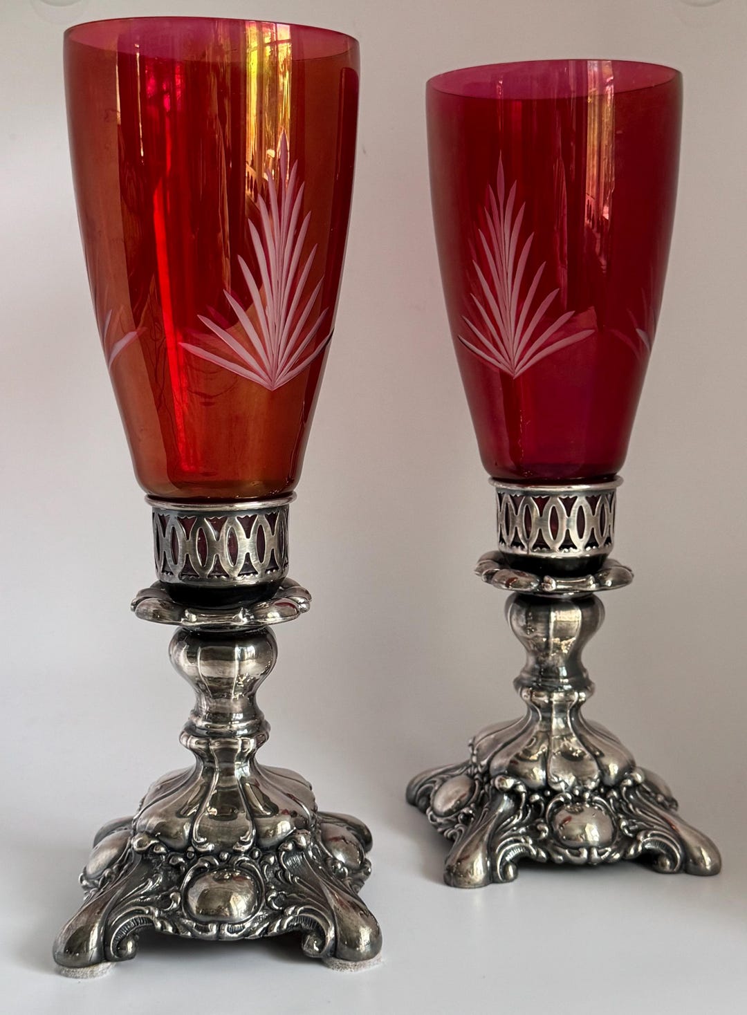 Vintage Pair of Etched Ruby Glass and Silver Plated Candleholders - Etsy
