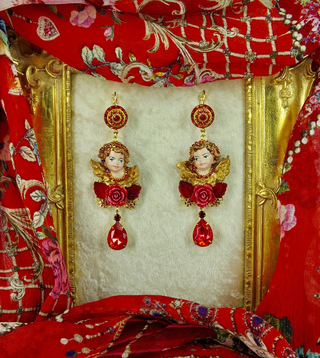 Red Cherub Drop Earrings, Hand Cast, Painted & Gilded With 24ct Gold ...