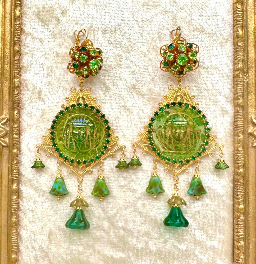 Egyptian Intaglio Green Pharaoh Rhinestone Drop Earrings, Lotus Dangles ...