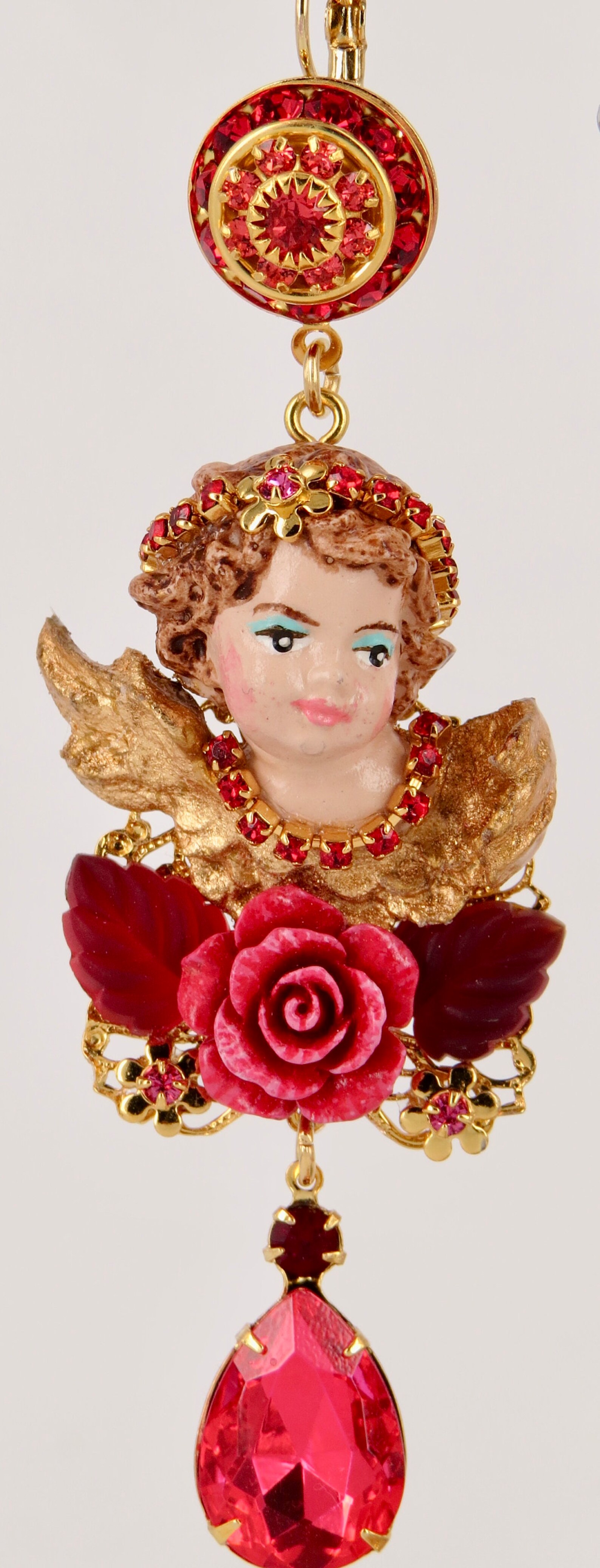 Red Cherub Drop Earrings, Hand Cast, Painted & Gilded With 24ct Gold ...