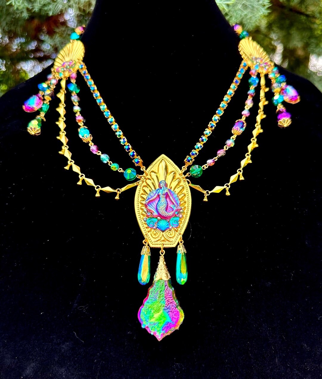 MERMAID Art Nouveau Aurora Borealis Purple, Cerise & Teal Necklace ...