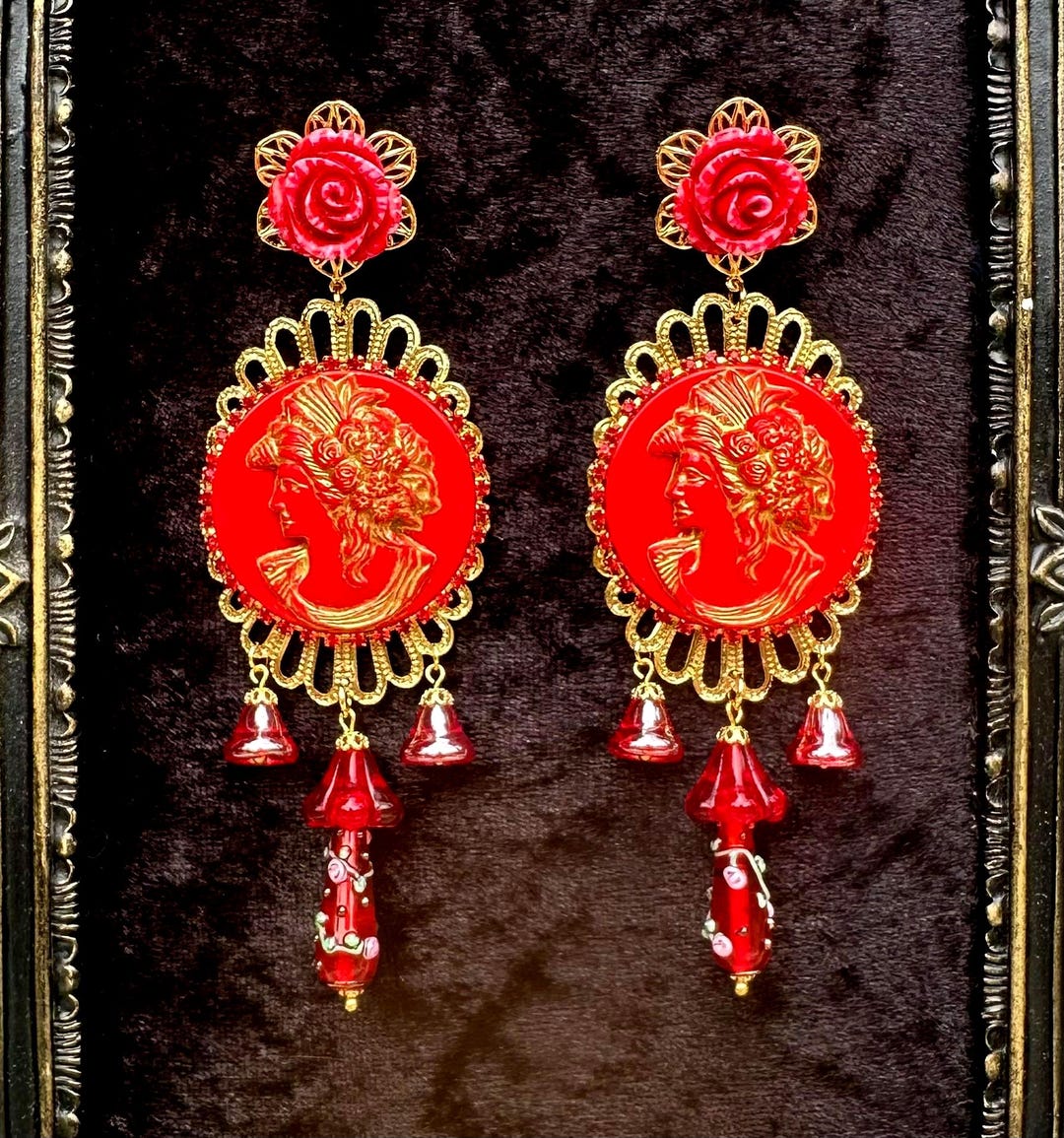 Red Frenchy Cameo Vintage Czech Drop Earrings, Hand Painted Roses, Gold ...