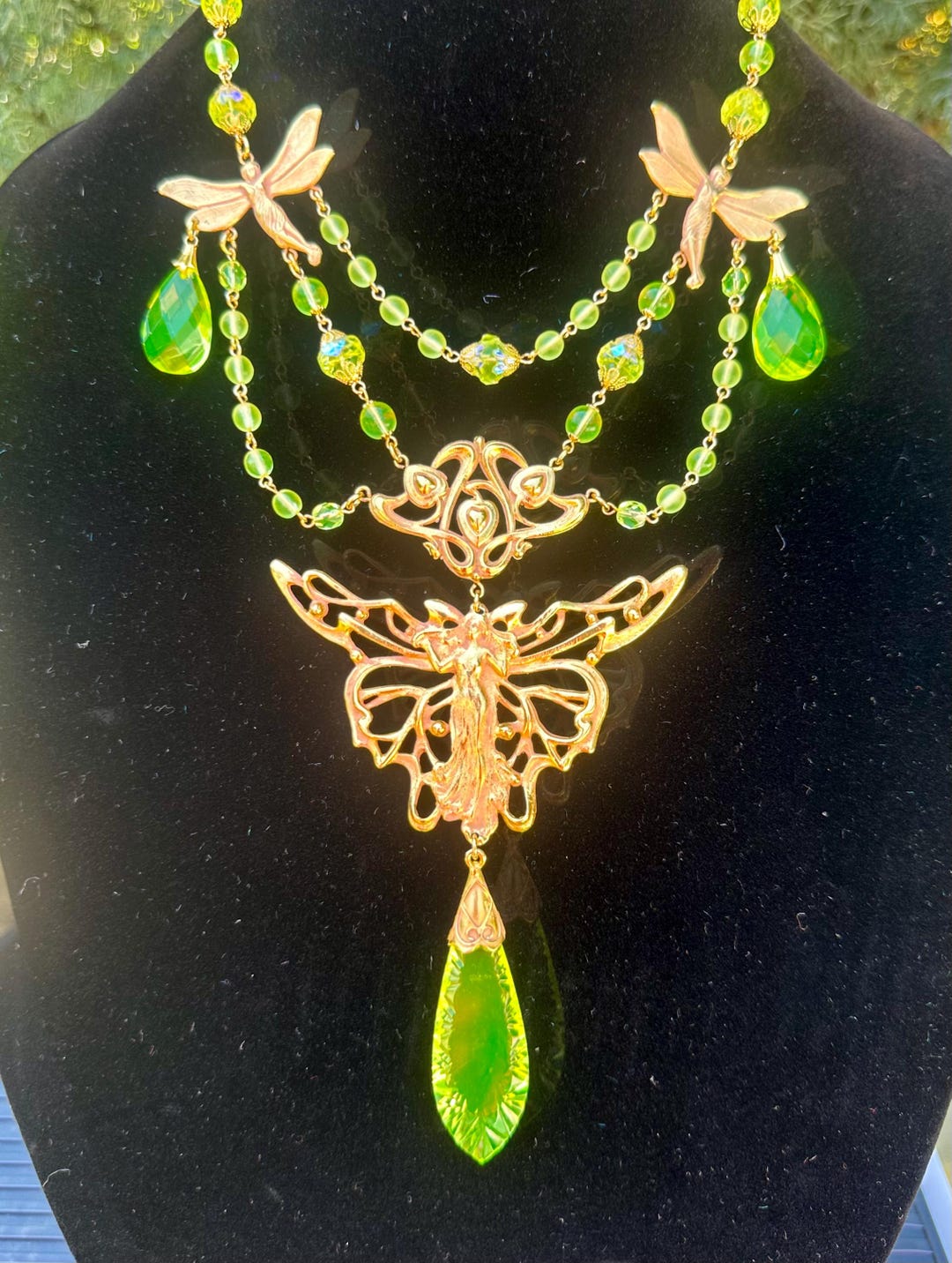 Vaseline Glass Winged Goddess Lady Art Nouveau Draped Necklace, Gold ...