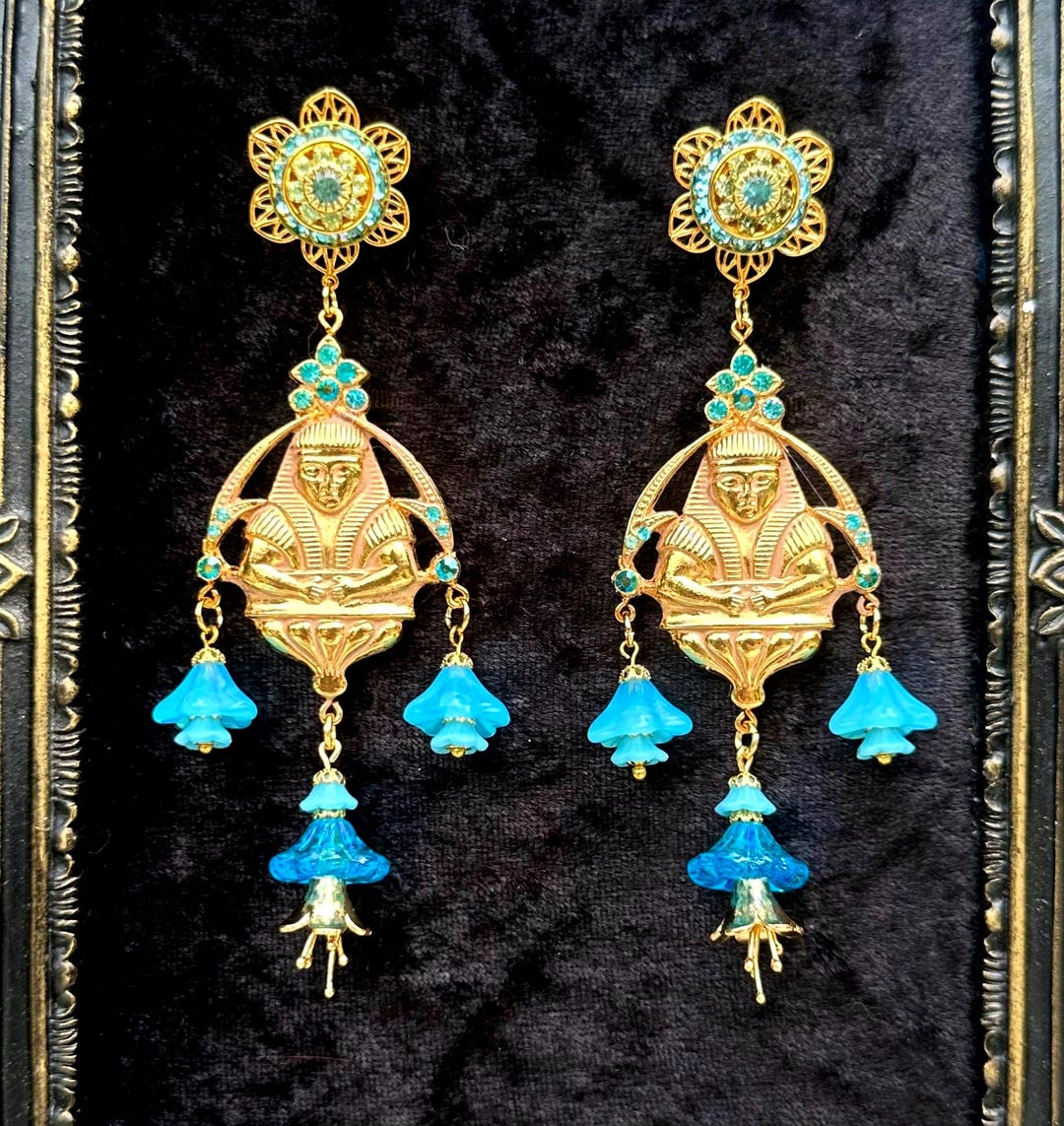 Turquoise Egyptian Pharaoh Lotus Earrings, Rhinestones, Dangley ...