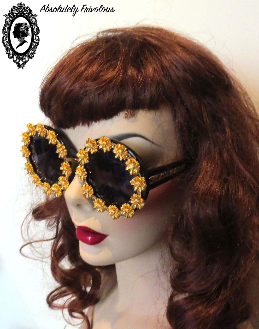 Gold Daisy Sunglasses, Black Frame Gold Floral Sunglasses, 1940s Retro ...