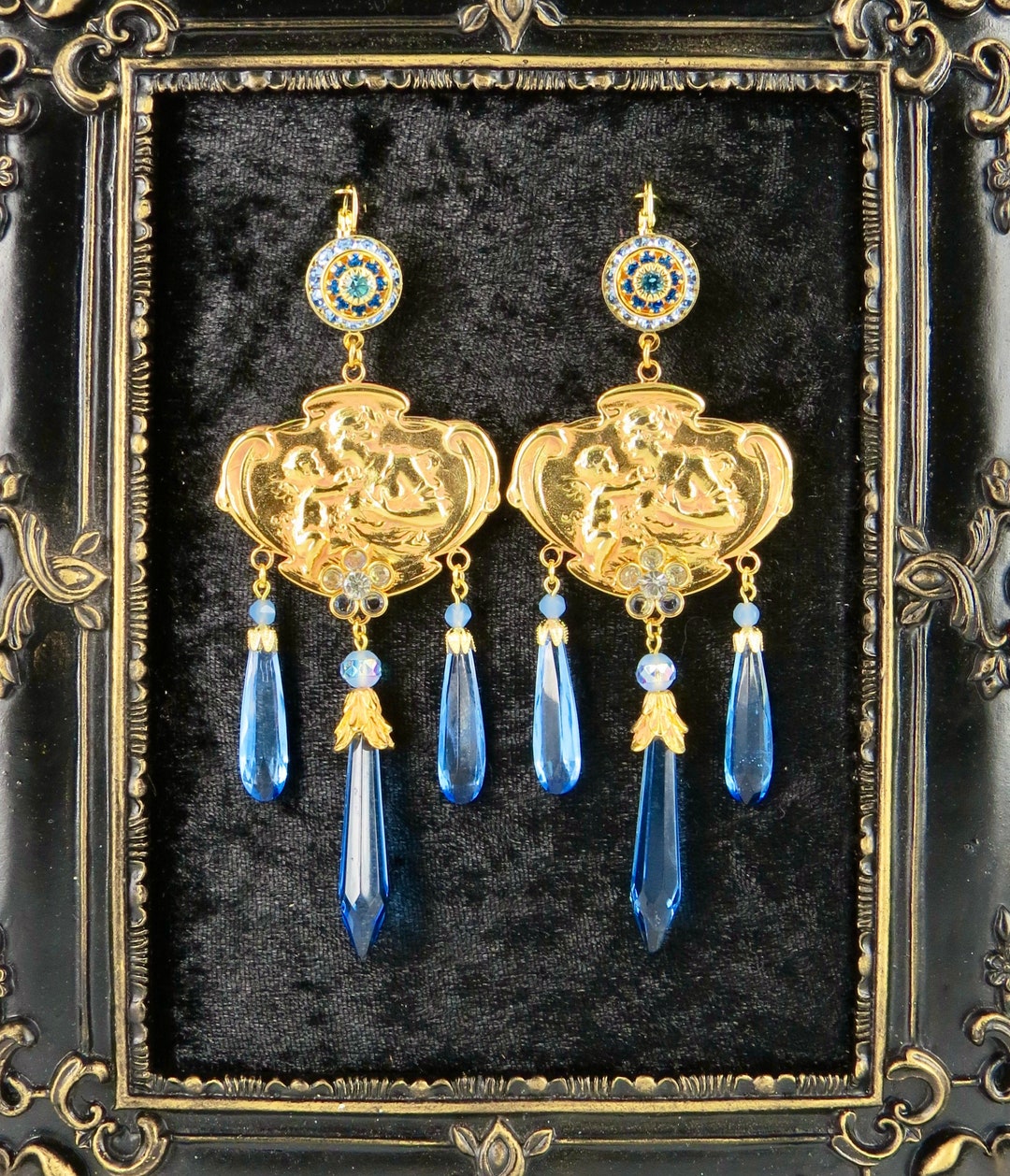 Blue Mother & Child Drop Earrings, Gold Plated With Vintage Swarovski ...
