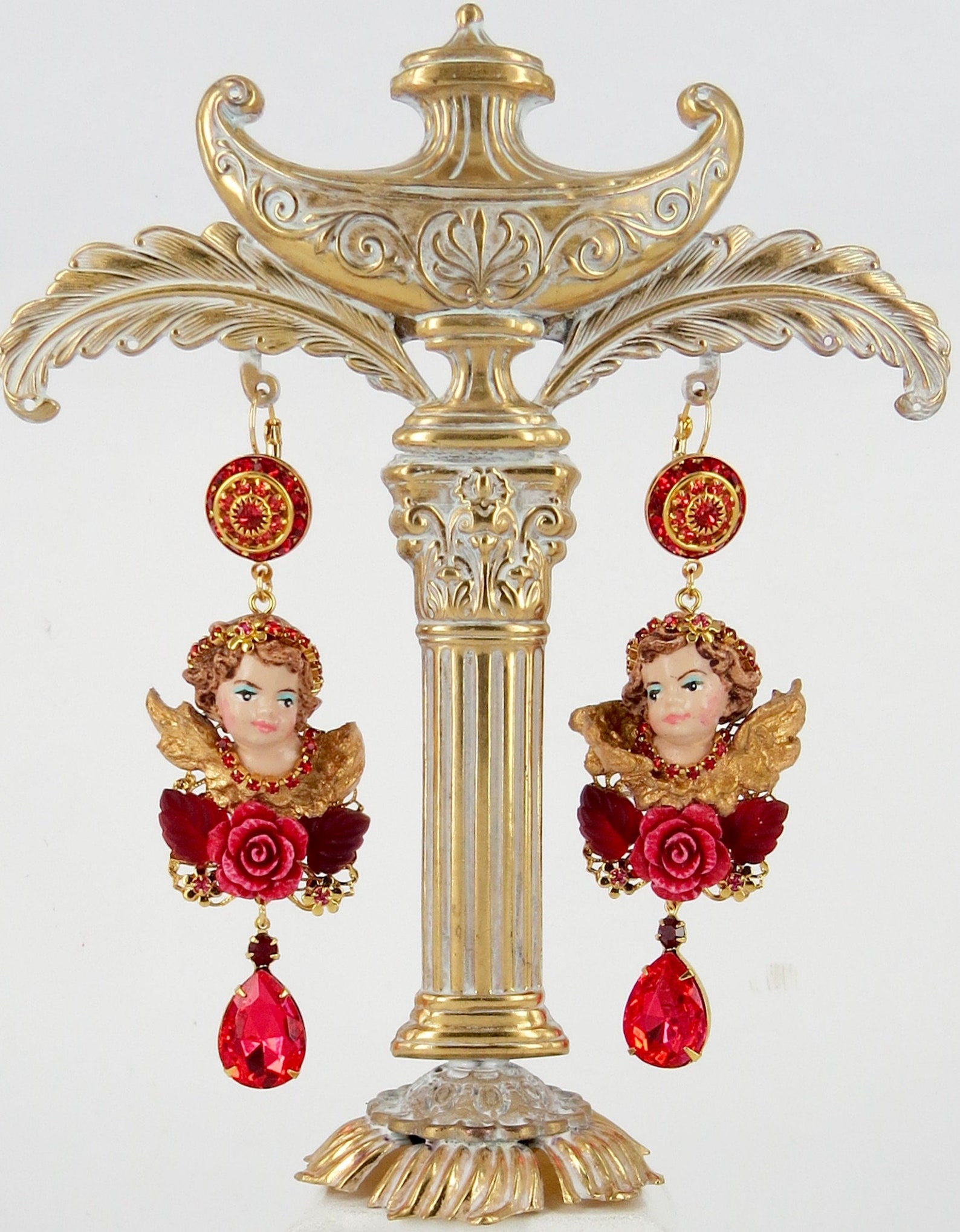 Red Cherub Drop Earrings, Hand Cast, Painted & Gilded With 24ct Gold ...