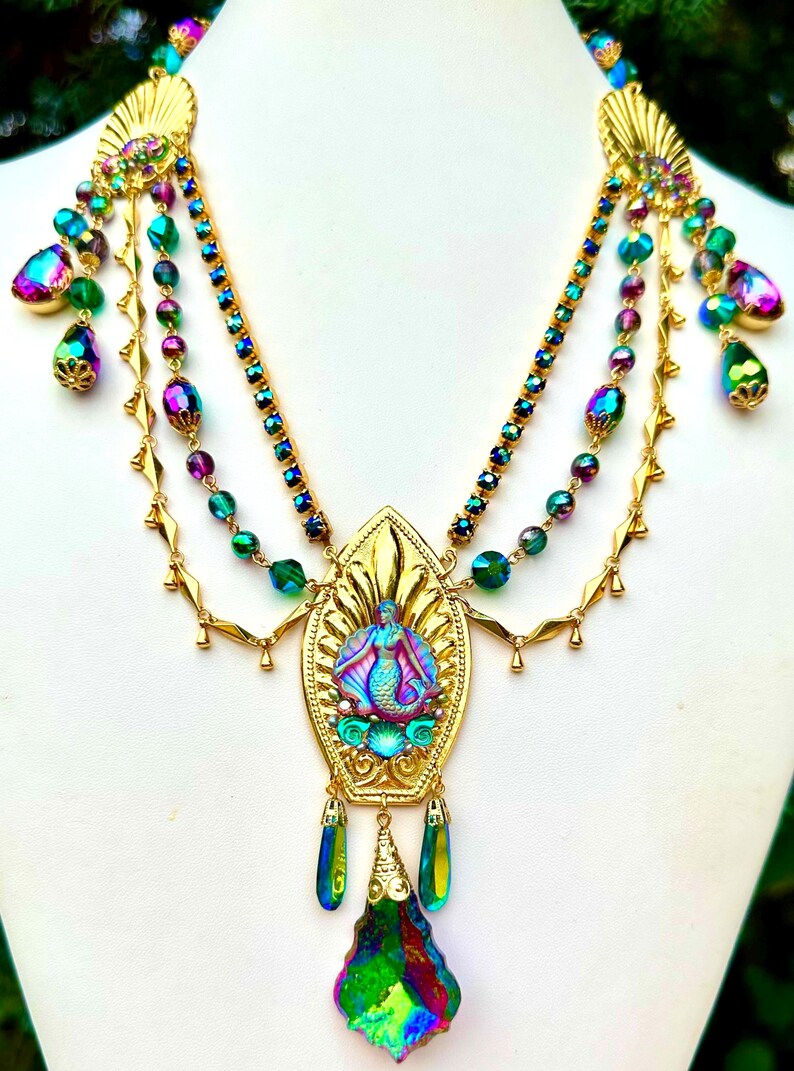 MERMAID Art Nouveau Aurora Borealis Purple, Cerise & Teal Necklace ...