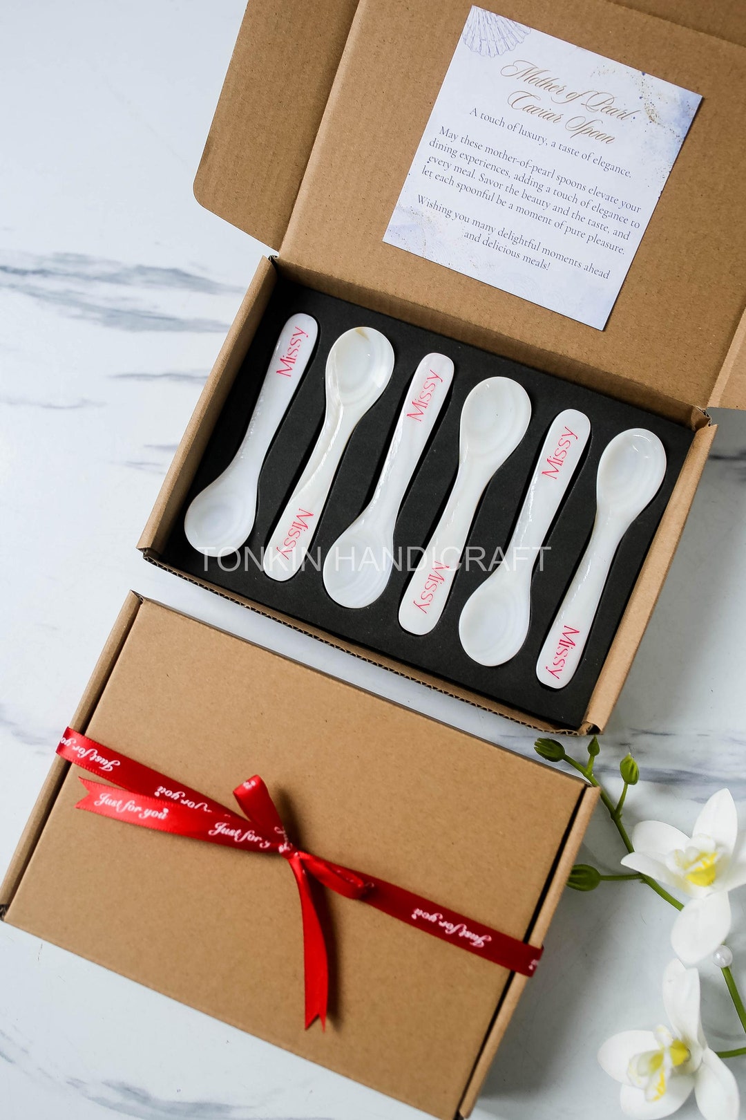 Personalized Mother of Pearl Caviar Spoon Gift Box, Set of 6 Seashell ...