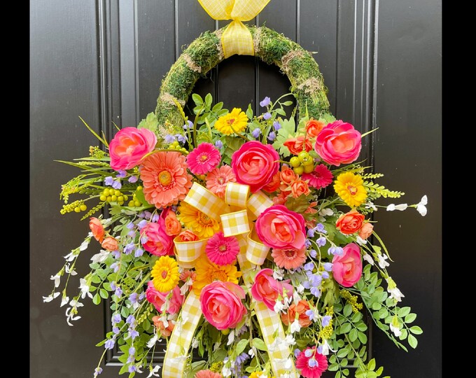 Yellow and Pink Spring Door Wreath, Garden Style Wreath, Large Spring ...