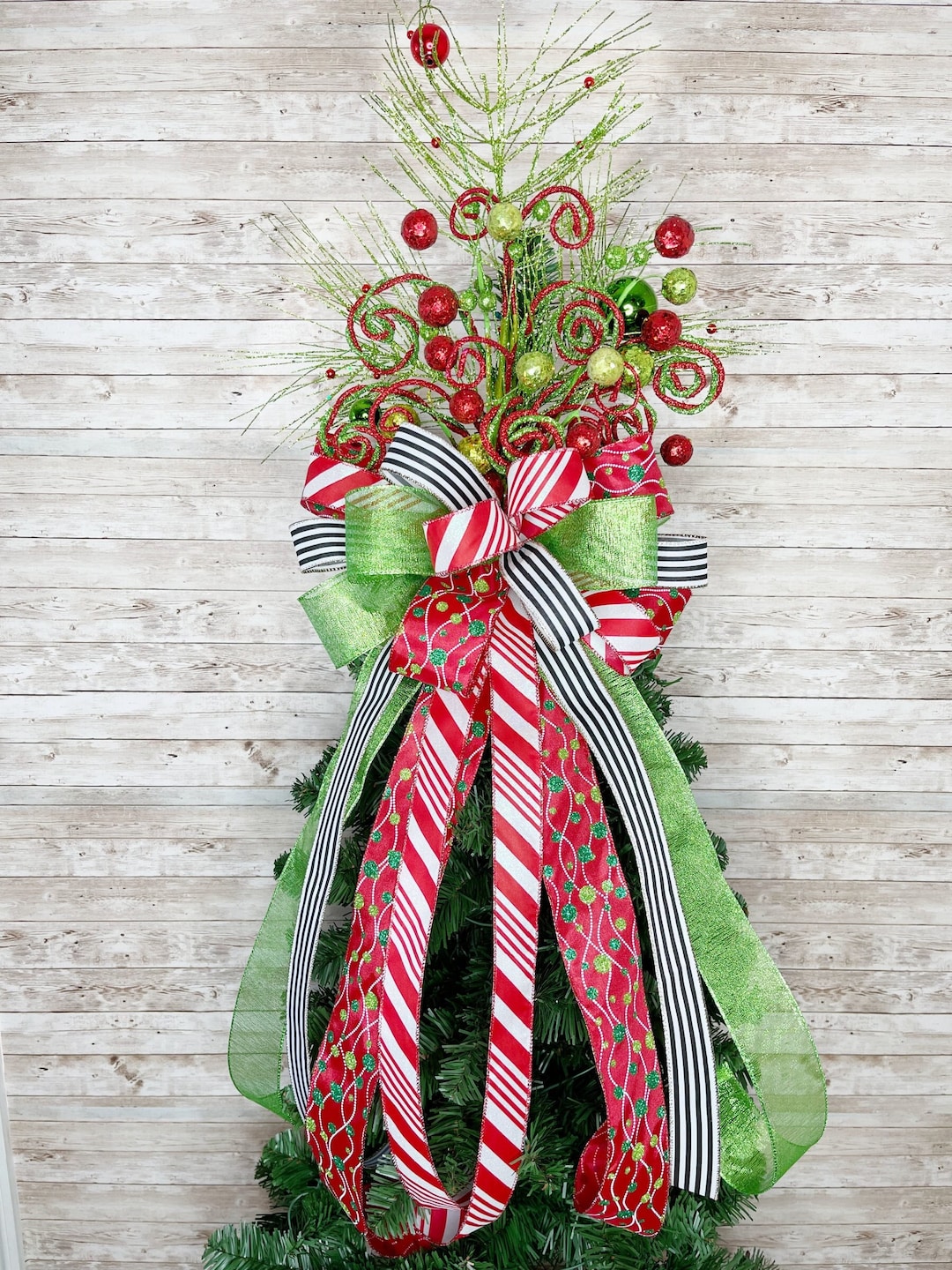 Whimsical Tree Topper, Red and Green Tree Topper, Christmas Tree Bow ...