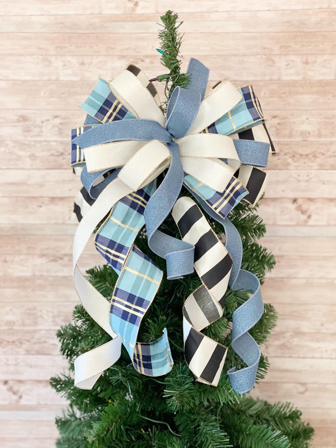 Blue Bow Tree Topper, Blue Plaid Christmas Bow, Blue Christmas Decor ...