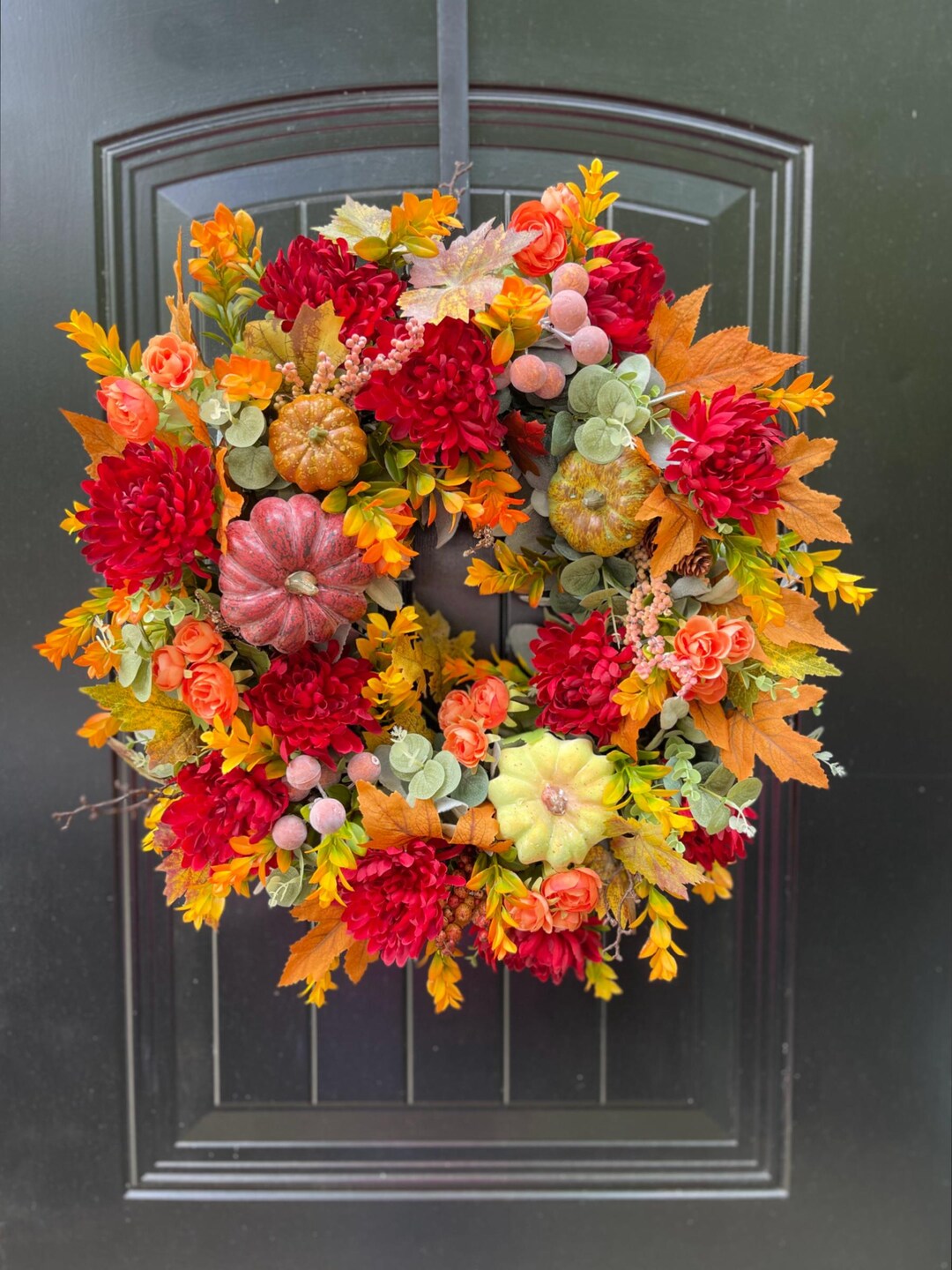 Modern Fall Wreath for Front Door, Red Fall Wreath With Pumpkins ...