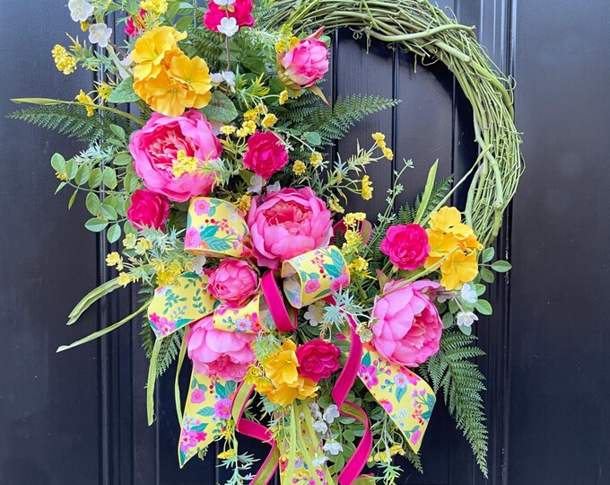 Spring Peony Wreath, Yellow & Pink Summer Wreath, Bright Floral Door ...