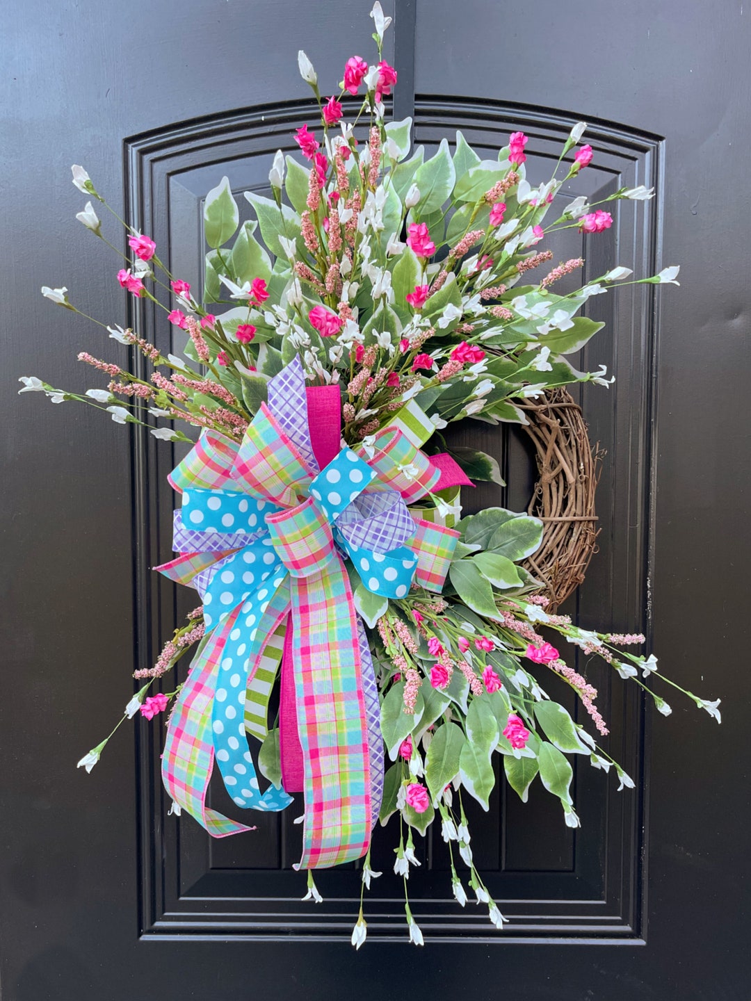 Spring Grapevine Wreath for Front Door, Pink and White Spring Door ...